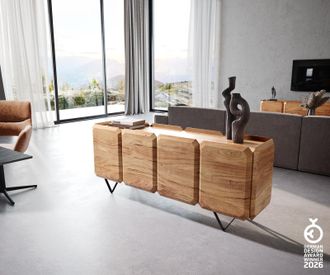 DELIFE Sideboard Kiano 175 cm Akazie Natur 4 T&uuml;ren V-Fu&szlig; Schwarz Raumteiler, Sideboards