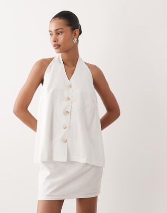 SNDYS Top sans manches densemble long et boutonn&eacute; en lin et coton avec dos nu - Blanc