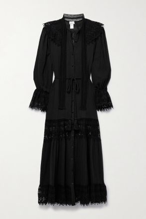 Miguelina Emilline Maxikleid Aus Baumwollgaze Mit Spitzeneins&auml;tzen Und Bindeg&uuml;rtel - Schwarz