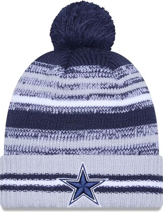 New Era Dallas Cowboys Sideline Sport Grau gestreifte Fu&szlig;ball-Strickm&uuml;tze mit Bommel - NFL Cheer Cuff Strickm&uuml;tze