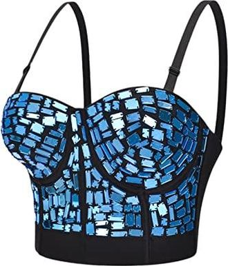 Generic Soutien-gorge 2026 pour femme, v&ecirc;tements de spectacle, lunettes sexy, petites bretelles, gilets, discoth&egrave;ques, f&ecirc;tes, ext&eacute;rieur court, bleu, XL