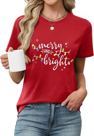 Heekpek PASUDA Weihnachts T-Shirt Damen Merry Christmas Bedruckte T-Shirts Lustiges Weihnachten Tshirt Rundhals Baumwolle L&auml;ssige Kurzarm Holiday Oberteile (R