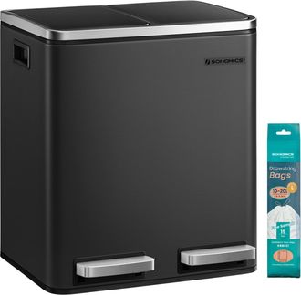 Songmics M&uuml;lleimer K&uuml;che, 2 x 15 Liter, M&uuml;lltrennsystem 2 F&auml;cher, inklusive 15 M&uuml;llbeutel, Abfalleimer, Treteimer, recycelbare Abf&auml;lle, Biom&uuml;ll, Softclose-Deck