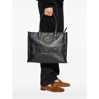 Versace Logo-Embossed Calf Leather Tote Bag - Black