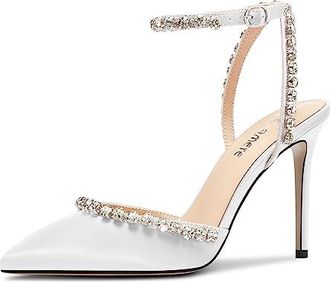 Castamere Femmes Aiguille Haut High Talon Heel Pointu Bout Lanières Cheville Diamant Cristal Escarpins Danse Satin 10 CM Heels Blanc 40 EU