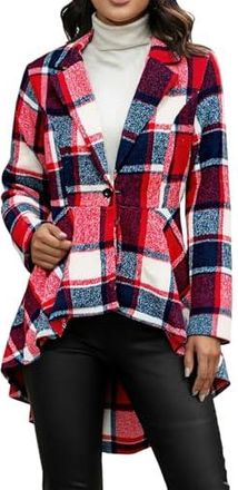 Generic 2026 Vestes &eacute;l&eacute;gantes &agrave; carreaux pour femme avec boutons sur le devant et manches longues avec ourlet asym&eacute;trique et poignets &eacute;vas&eacute;s, Rouge, XXL