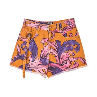 Versace Jeans Couture Barocke Orange Denim Shorts mit Fransigen Kanten - - Shorts - Damen - Mehrfarbig - W30