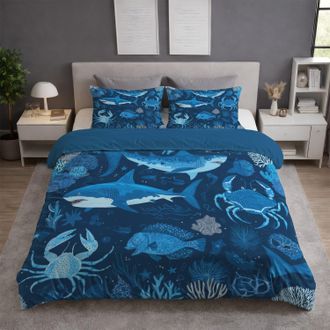 Generic Bettw&auml;sche 200 x 200 cm - Bettbezug Angenehm Leicht Atmungsaktiv - Modedrucke Mikrofaser 3teilig Set mit Kissenbez&uuml;ge 80x80 cm Cartoon Tiere Fisch mit