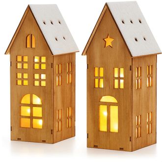 Com-Four 2x beleuchtetes Holzh&auml;uschen mit LED-Lichtern und Timer (6h an/18h aus) - Weihnachtsdekoration f&uuml;r Tisch oder Fensterbank - winterliche Holzdeko [Ausw