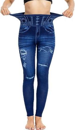 ORANDESIGNE Femme Legging Imprimés Denim et Papillons Leggings Imitation Jean Jeggings Taille Haute Slim Pantalon Moulant Collant Extensible Pantalon de Crayon Tr