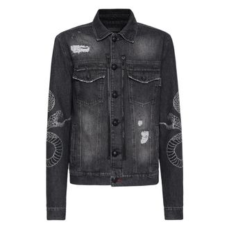 Philipp Plein Homme, Vestes, Noir, Taille: 3XL Denim Zip Jacket Snake