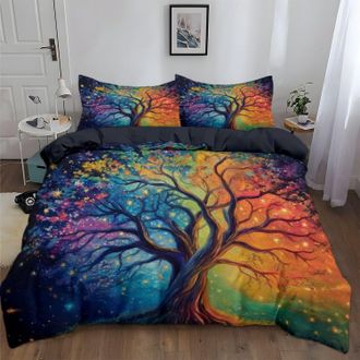 Generic Bettwäsche 135 x 200 cm Lebensbaum Bilder Muster Wendebettwäsche Set Weich Gewaschene Mikrofaser Bettbezug Kinder Bettbezug mit Reißverschluss und 2 K