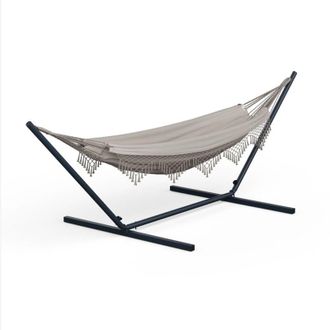 Blumfeldt Outdoor-H&auml;ngesessel mit Gestell & Kissen, 150 kg Tragkraft - wetterfeste H&auml;ngematte aus Baumwollstoff, Holzspreizen & Tragetasche, ideal als