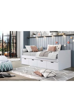 MID.YOU Mid.you Stauraumbett, Weiß, Holz, Kiefer, massiv, 4 Schubladen, Höhe ca. 20,0 cm, 90x200 cm, FSC MIX, Lattenrost, mit Schubkästen