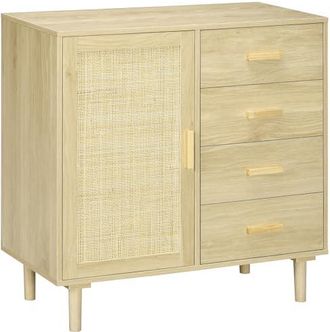 HOMCOM Buffet rotin Meuble de Rangement avec placards à Porte cannage et 4 tiroir, Buffet Salle à Manger, Salon, Chambre, 80 x 38 x 80,5 cm, Effet Bois Natur