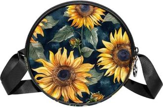 Generic Sac &agrave; bandouli&egrave;re rond pour femme, motif tournesols r&eacute;tro avec fermeture &eacute;clair, bretelles r&eacute;glables, sac &agrave; main rond d&eacute;contract&eacute; pour femmes et fille