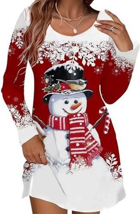 Onsoyours Robe De No&euml;l Femme Dr&ocirc;le Noel Col Rond Tunique Mini Robes &Eacute;l&eacute;gant Imprim&eacute; D&eacute;contract&eacute; T-Shirt Robes Confortable A Rouge XXL