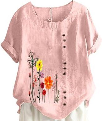 Generic Chemise d&eacute;contract&eacute;e en lin &agrave; manches courtes et col rond pour femme - Pull d&eacute;t&eacute; r&eacute;tro &agrave; manches roul&eacute;es - Haut &agrave; col rond, Rose., 4XL