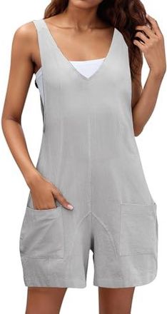 Generic Barboteuse d&eacute;contract&eacute;e d&eacute;t&eacute; pour femme, bretelles r&eacute;glables, combinaison ample et confortable avec poches, gris, XXL