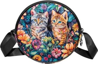 Generic Petit sac &agrave; bandouli&egrave;re rond pour femme, motif chats et fleurs, sac &agrave; dos avec fermeture &eacute;clair, bretelles r&eacute;glables, sac &agrave; main rond d&eacute;contract&eacute; pour