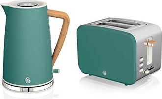 SWAN Nordic Set Frühstückskocher, kabellos, 1,7 l, 2200 W, Toaster Breitschlitz, 2 Scheiben, 3 Funktionen, modernes Design, Holzoptik, Grün