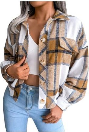 Generic Vestes pour femmes 2026 - Manteau en laine &agrave; carreaux d&eacute;contract&eacute; - Manches longues, kaki, XL