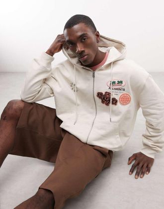 AllSaints Patcher - Sweat &agrave; capuche zipp&eacute; avec logo brod&eacute; - Blanc cass&eacute;