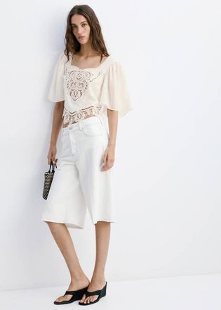 Mango Blouse crop &agrave; broderies ajour&eacute;es blanc cass&eacute; - Femme - S - MANGO