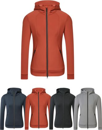 Covalliero Damen Hoodyjacke - Zipper Hoodie aus Polyester & Spandex - Kapuzenjacke mit 2-Wege-Rei&szlig;verschluss - &Uuml;bergangsjacke mit 2 Taschen - Reitjacke - Rust - 