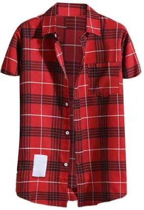 Generic Chemise &agrave; manches courtes pour homme, chemise &agrave; carreaux grande taille, chemise d&eacute;t&eacute; l&eacute;g&egrave;re, haut &agrave; carreaux &agrave; revers respirant, haut boutonn&eacute; r&eacute;tro, 