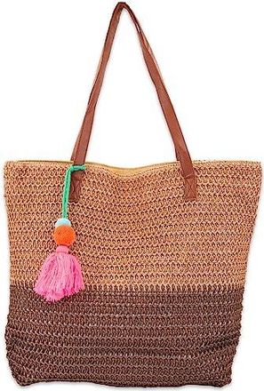 styleBREAKER Sac &agrave; bandouli&egrave;re tress&eacute; pour femmes bicolore, sac de plage avec longues poign&eacute;es, sac tress&eacute;, fermeture &eacute;clair 02012371, couleur:Brun-marron fonc&eacute;