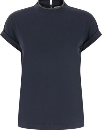 Brunello Cucinelli T-shirt en jersey de coton stretch avec superposition pr&eacute;cieuse - Femme - Tops - Bleu - Taille: 40 FR