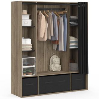 IDMarket Dressing double penderie DIANE 140 x 50 x 172 cm h&ecirc;tre avec &eacute;tag&egrave;res + boites de rangement + rideau noir