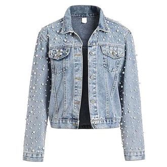 Generic Veste en jean courte pour femme avec perles et strass - Manches longues - Tendance - D&eacute;contract&eacute;e - Mode, bleu clair, 5XL