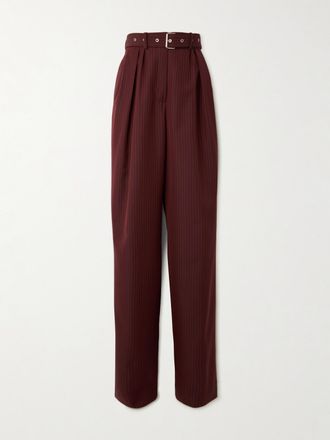 Dries Van Noten Pantalon Large En Laine Mélangée À Fines Rayures Et À Ceinture - Bordeaux