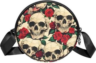 Generic Sac &agrave; bandouli&egrave;re circulaire pour femme, motif cr&acirc;nes, roses, fleurs, petit sac &agrave; bandouli&egrave;re avec fermeture &eacute;clair, bretelles r&eacute;glables, sac &agrave; main r