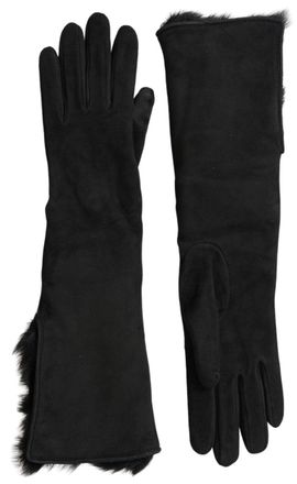 Dolce & Gabbana Mens Black Leather Fur Elbow Length Gloves Goatskin