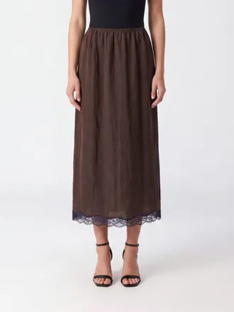 Twinset Jupe midi trap&egrave;ze en satin avec empi&egrave;cements en dentelle et taille haute