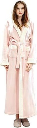 Feoya Peignoir Femme Homme à Capuche Robe de Chambre Polaire Hiver Chaud avec Ceinture Unisexe Peignoir de Bain Long en Flanelle pour Hiver Rose Taille XL