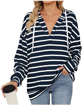 Generic 2026 Printemps et hiver Sweat &agrave; capuche ray&eacute; &agrave; manches longues avec cordon de serrage, bleu marine, XXL