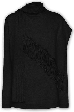 Elena Miro Femme, Pulls, Noir, Taille: 46 FR Pull &agrave; franges avec &eacute;charpe amovible