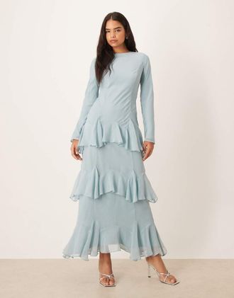 Asos Robe longue en mousseline &agrave; volants et manches longues - Bleu cendr&eacute;