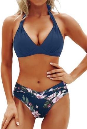 Yonique Maillot de Bain Deux pi&egrave;ces pour Femme - Push Up - Bikini Dos Nu - Style Vintage, Fleur Bleu fonc&eacute;, Taille M
