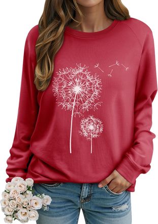 Dresswel Damen L&ouml;wenzahn Sweatshirt Langarmshirt Pusteblume Drucken Pullover Herbst Winter Bluse Tops Oberteile(Wassermelonenrot, 2XL)