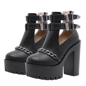 PartyKindom Bottines pour Femmes &agrave; Talons Hauts &Eacute;pais Bottes &agrave; Rivets et Cha&icirc;nes Plateforme R&eacute;sistante &agrave; LEau Couleur Noire Taille 37 Chaussures Mode Antid&eacute;rapant