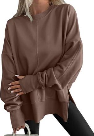 Generic Sweat-shirt &agrave; col rond fendu sur le c&ocirc;t&eacute; pour femme - Pull d&eacute;contract&eacute; &agrave; manches longues pour femme, marron, XXL