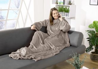 Heimtexland &Auml;rmeldecke TV Thermodecke mit &Auml;rmeln und Taschen Sofadecke Ganzk&ouml;rperdecke Kuscheldecke Flanell Weich und W&auml;rmend Decke Typ848 Sand LxB 180 x 150 cm