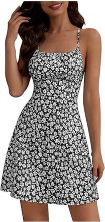 Generic Robe à motif floral à bretelles spaghetti pour femmes, dos nu, style bohème, mi-haut, pour lautomne et lété 2025, K-619 Noir, M