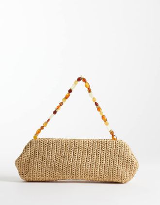 Mango Schultertasche aus beigem Bast mit perlenbesetztem Riemen-Neutral