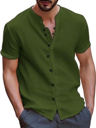 Generic Chemise en lin &agrave; manches courtes boutonn&eacute;e pour homme - Couleur unie - Pour la plage, le travail, le travail - Chemise hawa&iuml;enne l&eacute;g&egrave;re - Coupe r&eacute;guli